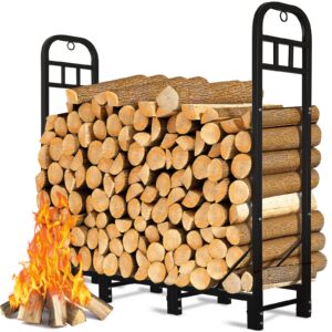 greener 4ft firewood rack outdoor heavy duty wood rack for firewood indoor log holder for fireplace, fire wood holder metal lumber storage carrier firewood log rack stand stacker for patio porch black