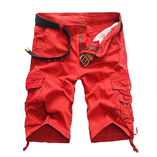 Men's Relaxed Fit Camo Cargo Shorts Lightweight Multi Pocket Outdoor Short Pants Casual Hiking Tactical Shorts (Red,36)