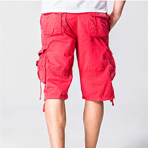 Men's Relaxed Fit Camo Cargo Shorts Lightweight Multi Pocket Outdoor Short Pants Casual Hiking Tactical Shorts (Red,36)