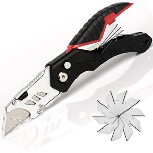 airaj pro utility knife,heavy duty folding box cutter,quick-change folding razor knife,pocket carpet knife with 13 sharp sk5 stainless steel blades,blade storage design