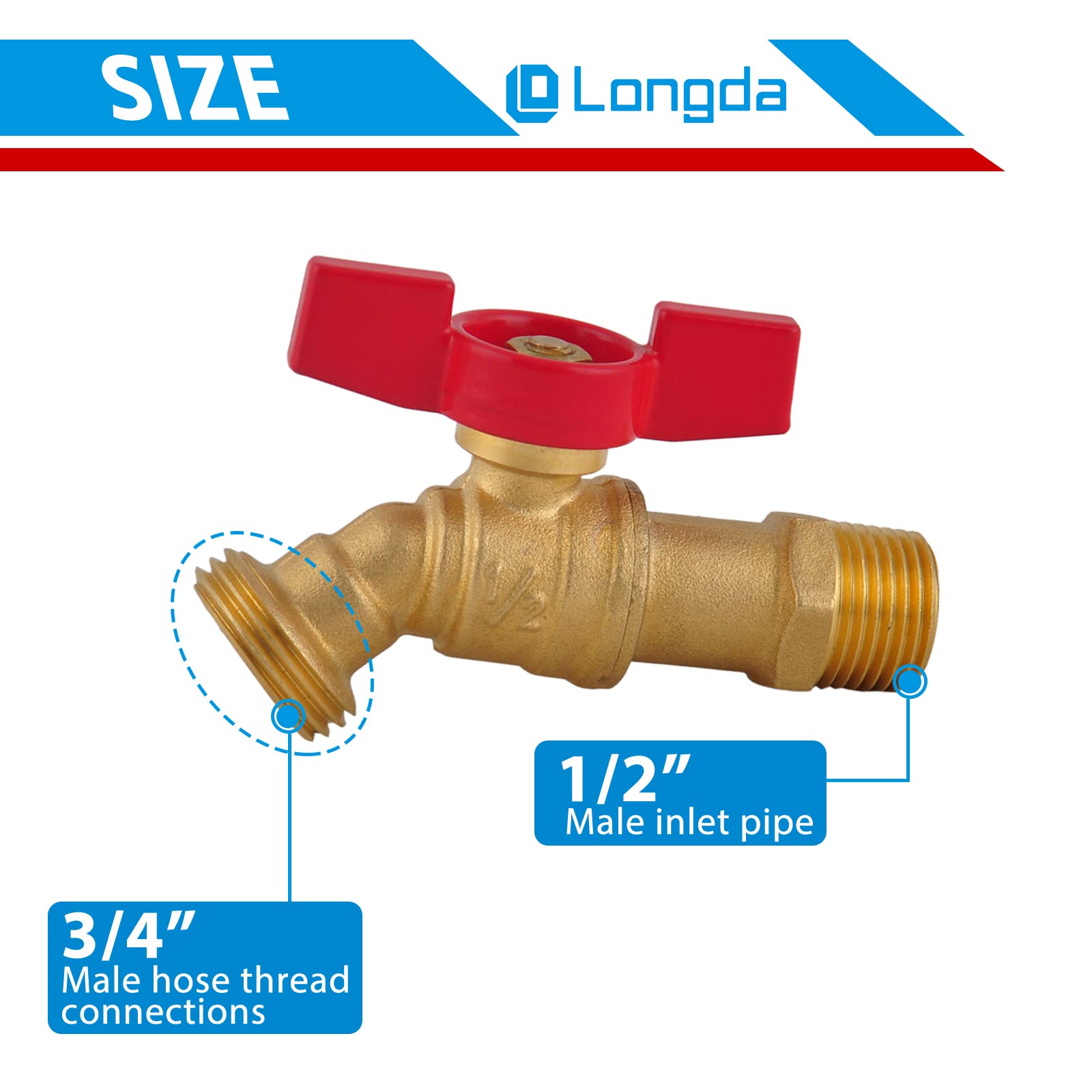 LD Longda (2-Packs) Male Hose Bibb 1/2" MIP × 3/4" MHT with 1/4-Turn Water Hose Shut Off Valve, Hreaded Garden Hose Outlet Ideal for Gardens, patios, Boiler Drain