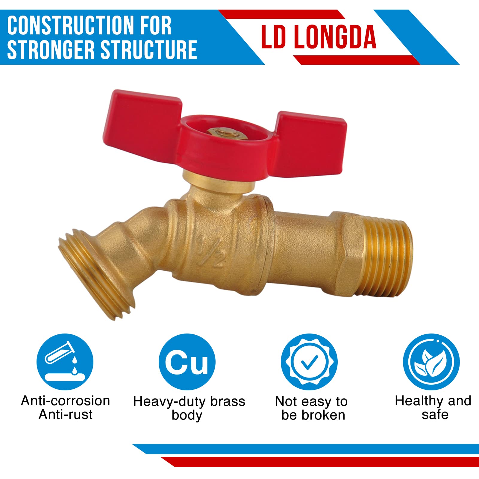 LD Longda (2-Packs) Male Hose Bibb 1/2" MIP × 3/4" MHT with 1/4-Turn Water Hose Shut Off Valve, Hreaded Garden Hose Outlet Ideal for Gardens, patios, Boiler Drain