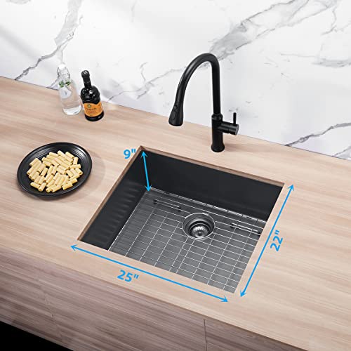 MELANSTAR Drop in Kitchen Sink Single Bowl Stainless Steel Satin Polish and Brushed Finish with Sink Strainer Waste Basket and Bottom Grid, 25" x 22" x 9", 16 Gauge Black