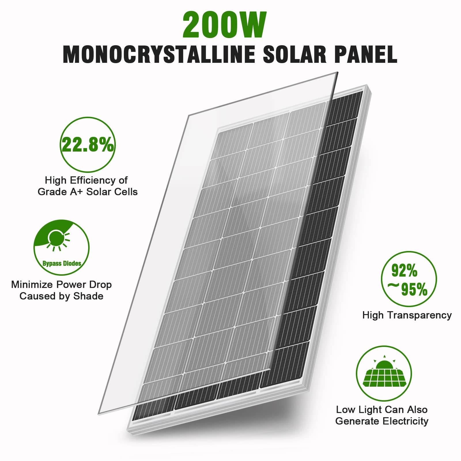 WERCHTAY 200 Watt Solar Panel 9BB Monocrystalline Cell, High-Efficiency Module PV Power Charger 12V Solar Panels for Homes Camping RV Battery Boat Caravan and Other Off-Grid Applications (200W)