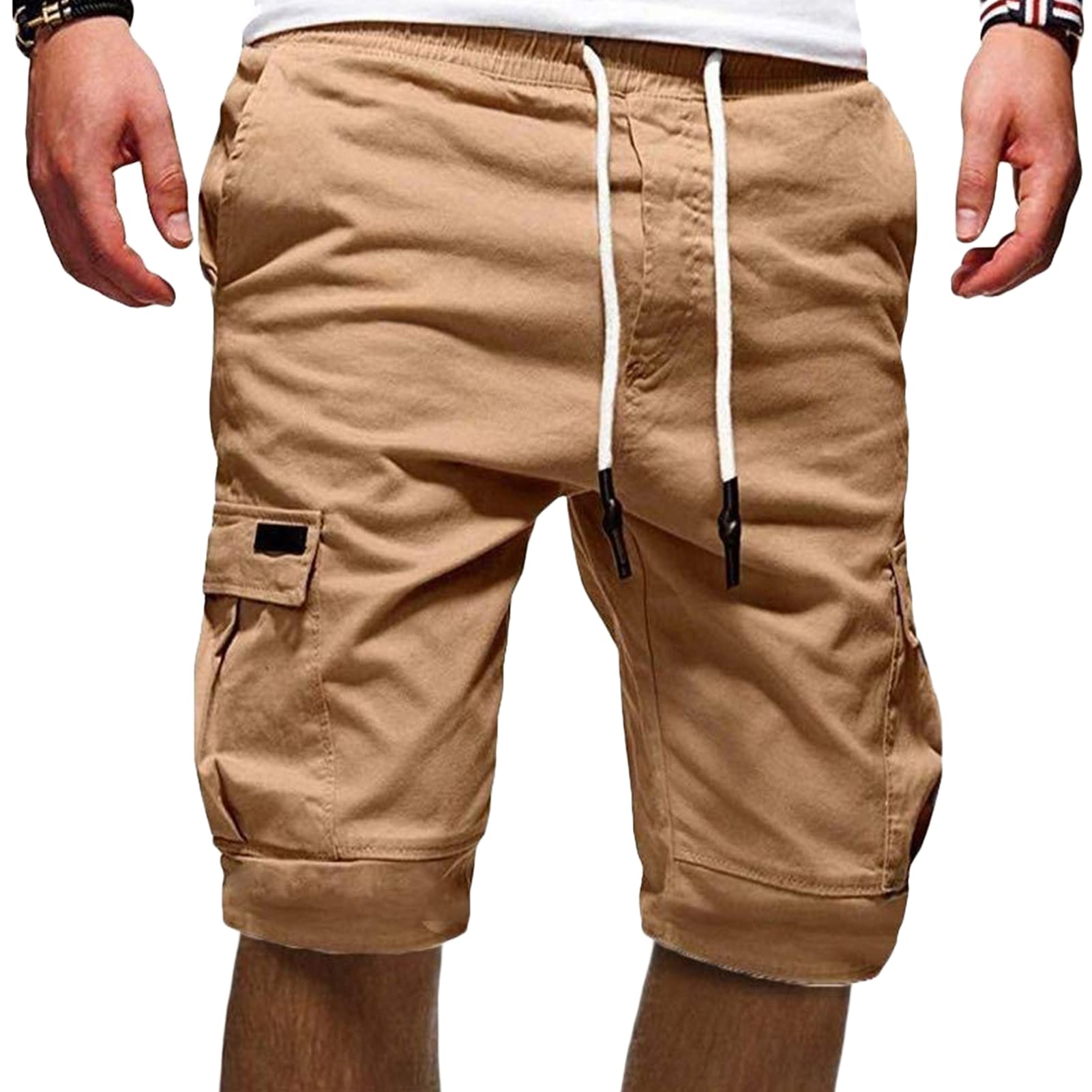 Men's Casual Elastic Waist Cargo Shorts Relaxed Fit Multi Pockets Outdoor Short Lightweight Hiking Short Pants (Khaki,Large)