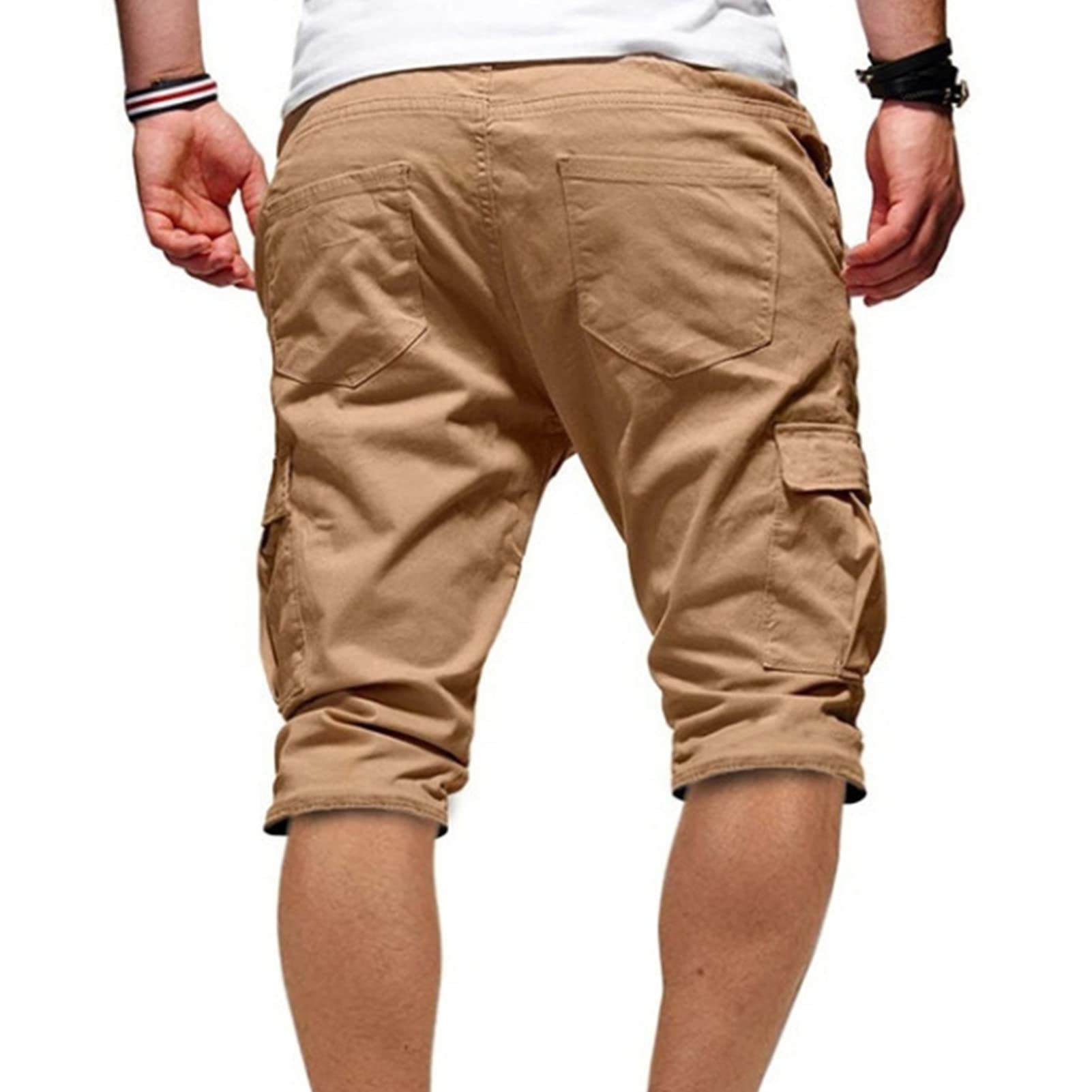 Men's Casual Elastic Waist Cargo Shorts Relaxed Fit Multi Pockets Outdoor Short Lightweight Hiking Short Pants (Khaki,Large)