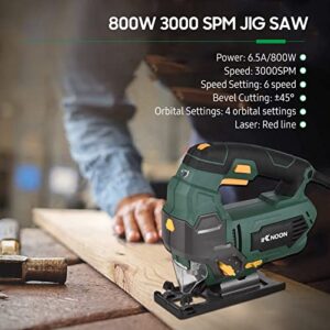 Jigsaw, KKnoon 6.5 Amp 3000 SPM Jig Saw with Laser, 800W Pure Copper Motor, 6 Variable Speed, 6 Replacement Blades, ±45° Bevel Cutting, 4 Orbital Settings, with Tool case