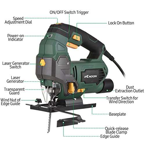 Jigsaw, KKnoon 6.5 Amp 3000 SPM Jig Saw with Laser, 800W Pure Copper Motor, 6 Variable Speed, 6 Replacement Blades, ±45° Bevel Cutting, 4 Orbital Settings, with Tool case