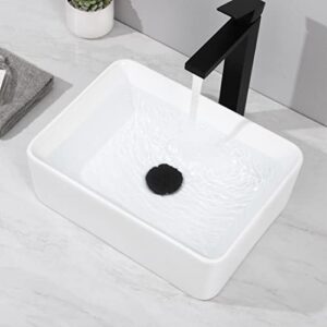 kes rectangle bathroom sink with bathroom sink drain combo, 16" x 12" white ceramic vessel sink above counter with pop up drain stopper brass and stainless steel matte black, bvs110s40+s2008d-bk