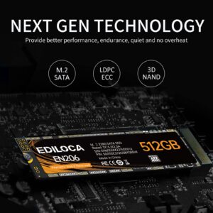 Ediloca EN206 512GB 3D NAND TLC M.2 SSD, M.2 2280 SATA III 6Gb/s SSD Internal Hard Drive, Read/Write Speed up to 550/460 MB/s, Compatible with Ultrabooks, Tablet Computers and Mini PCs