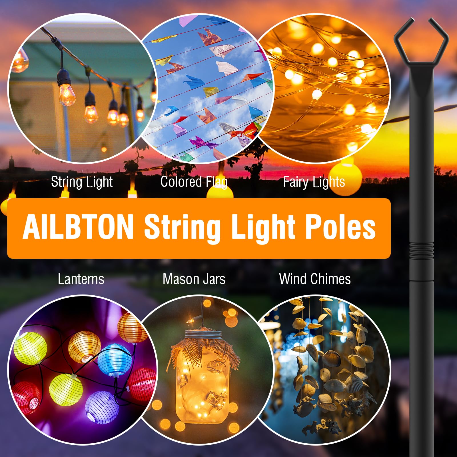 AILBTON 2 Pack 10Ft String Light Poles for Outdoor String Lights, Metal Fork Poles Stand for Patio, Backyard, Deck