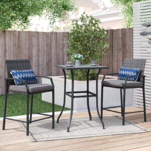 JOIVI 3 Piece Patio Bar Set, Outdoor Wicker Counter Height Bar Stools and Wood Top Table Set for 2 People, Bar Height Table Bistro Set with 2 Bar Chairs and Cushions for Backyard, Balcony