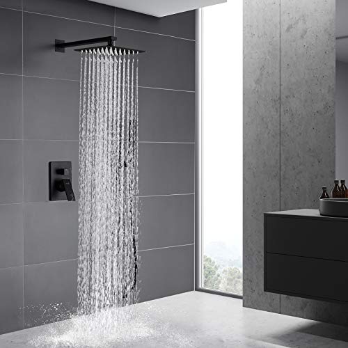 Esnbia 12" Rain Shower Head, Stainless Steel Rainfall Ceiling Mount Shower Head, 2.5 GPM Water Flow, Matte Black （Shower Arm NOT Include）