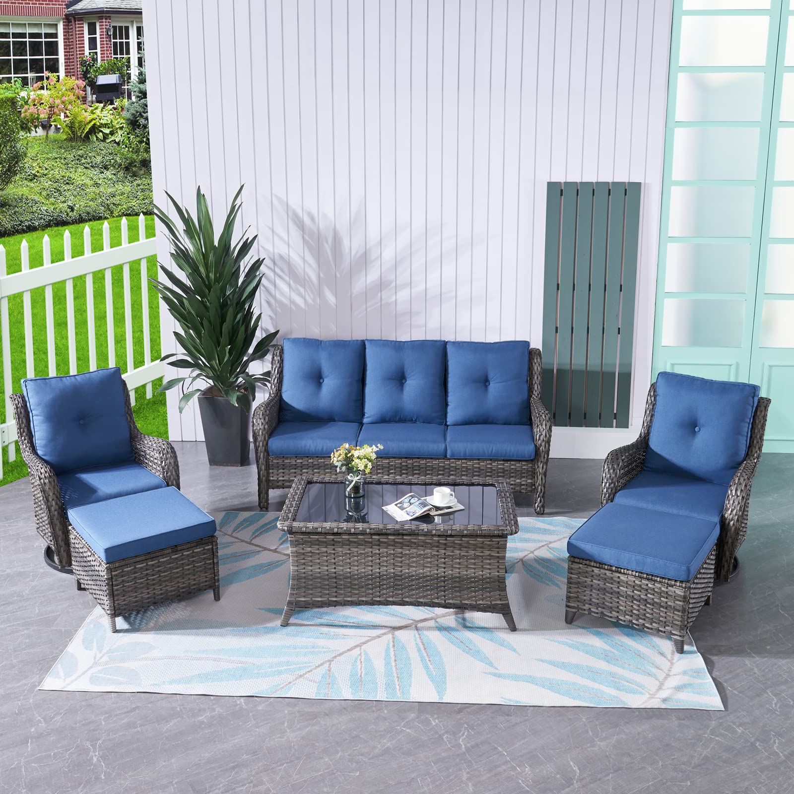 HUMMUH Patio Furniture 6 Pieces Outdoor Furniture Set Wicker Outdoor Sectional Sofa with Swivel Rocking Chairs,Patio Ottomans,Patio Coffee Table