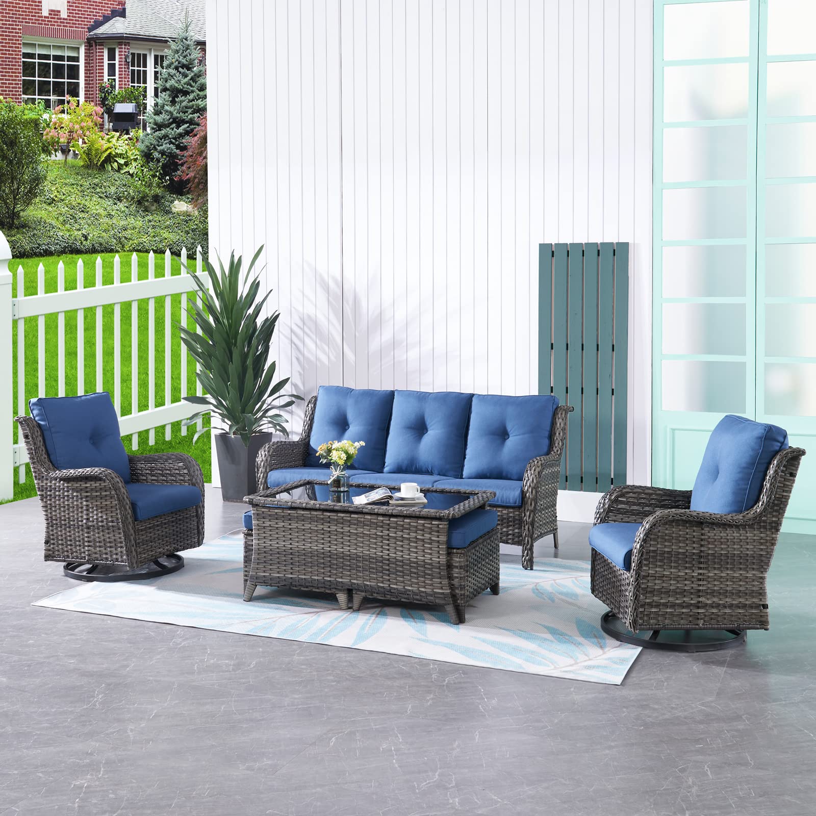 HUMMUH Patio Furniture 6 Pieces Outdoor Furniture Set Wicker Outdoor Sectional Sofa with Swivel Rocking Chairs,Patio Ottomans,Patio Coffee Table