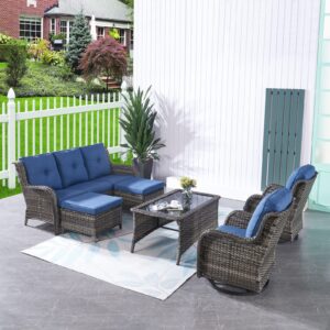 HUMMUH Patio Furniture 6 Pieces Outdoor Furniture Set Wicker Outdoor Sectional Sofa with Swivel Rocking Chairs,Patio Ottomans,Patio Coffee Table