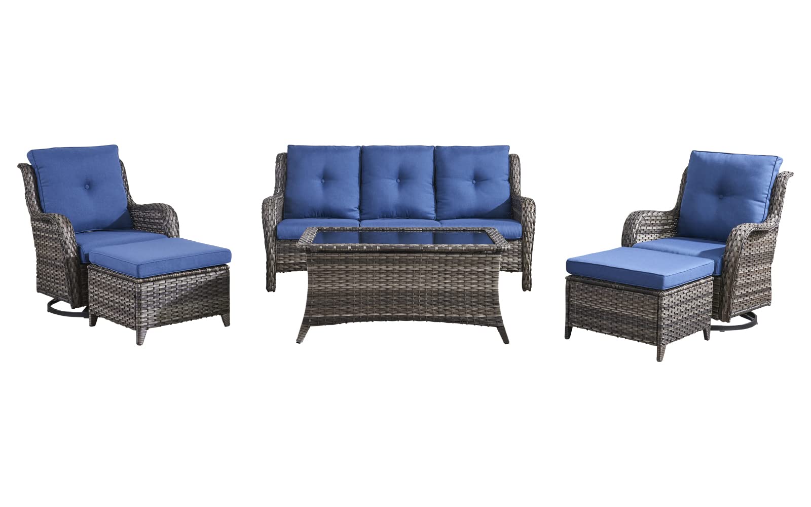 HUMMUH Patio Furniture 6 Pieces Outdoor Furniture Set Wicker Outdoor Sectional Sofa with Swivel Rocking Chairs,Patio Ottomans,Patio Coffee Table