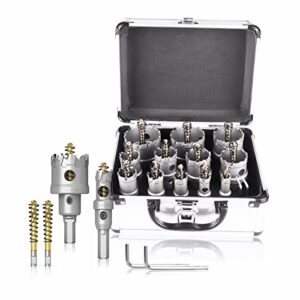 gstk upgrade heavy duty carbide hole saw 14 pcs,metal steel hole saw drill bit,tct hole cutter,alloy hardness upgrade, with 2*extra titanium plated pilot center drill and 2*l-wrench