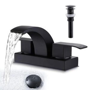 bangpu 4 inch centerset sink faucet 3 hole centerset sink faucet 2 handle bathroom basin faucet waterfall lavatory vanity faucet 4 inch with pop up drain, matte black