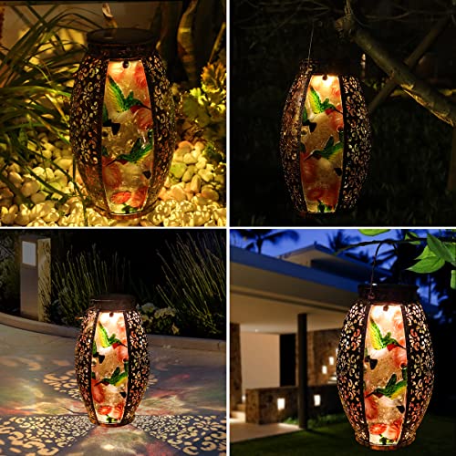 Solar Lanterns Outdoor Light - Solar Powered LED Hummingbird Glass Lights Decorative Waterproof Tabletop Lamp with Hollowed-Out Design for Indoor Yard Table Patio Garden Pathway Holiday