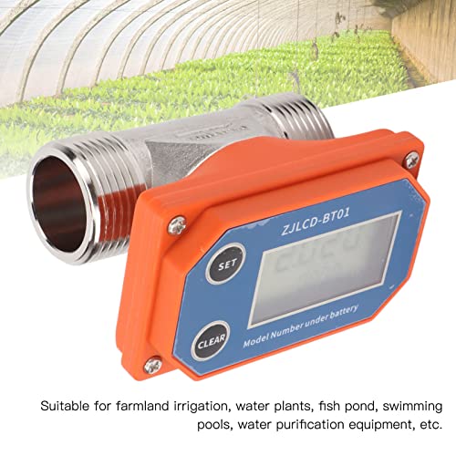 CUEI Turbine Flow Meter, High Accuracy Stainless Steel Electronic Digital Display Flowmeter, Gallon/Liter Acid Alkali Resistance Sensor Liquid Water Flowmeter for Farmland Irrigation, Swimming Pool