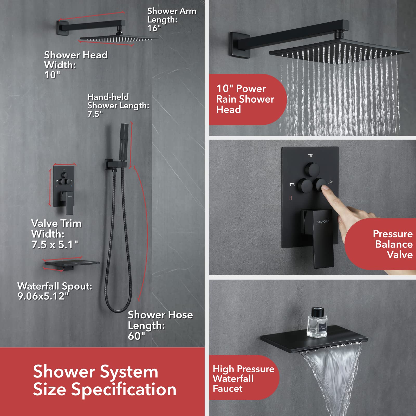 VANFOXLE Shower Faucets Sets Complete Matte Black Shower System with Tub Spout Push Button Diverter Shower Faucet Fixtures with 2 in 1 Handheld, 10 Inch Shower Head(Rough-in Valve Body and Trim)