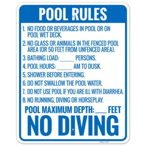 florida pool rules no diving sign, complies with state of florida pool safety code, 24x30 inches, rust free .063 aluminum, fade resistant, made in usa by sigo signs