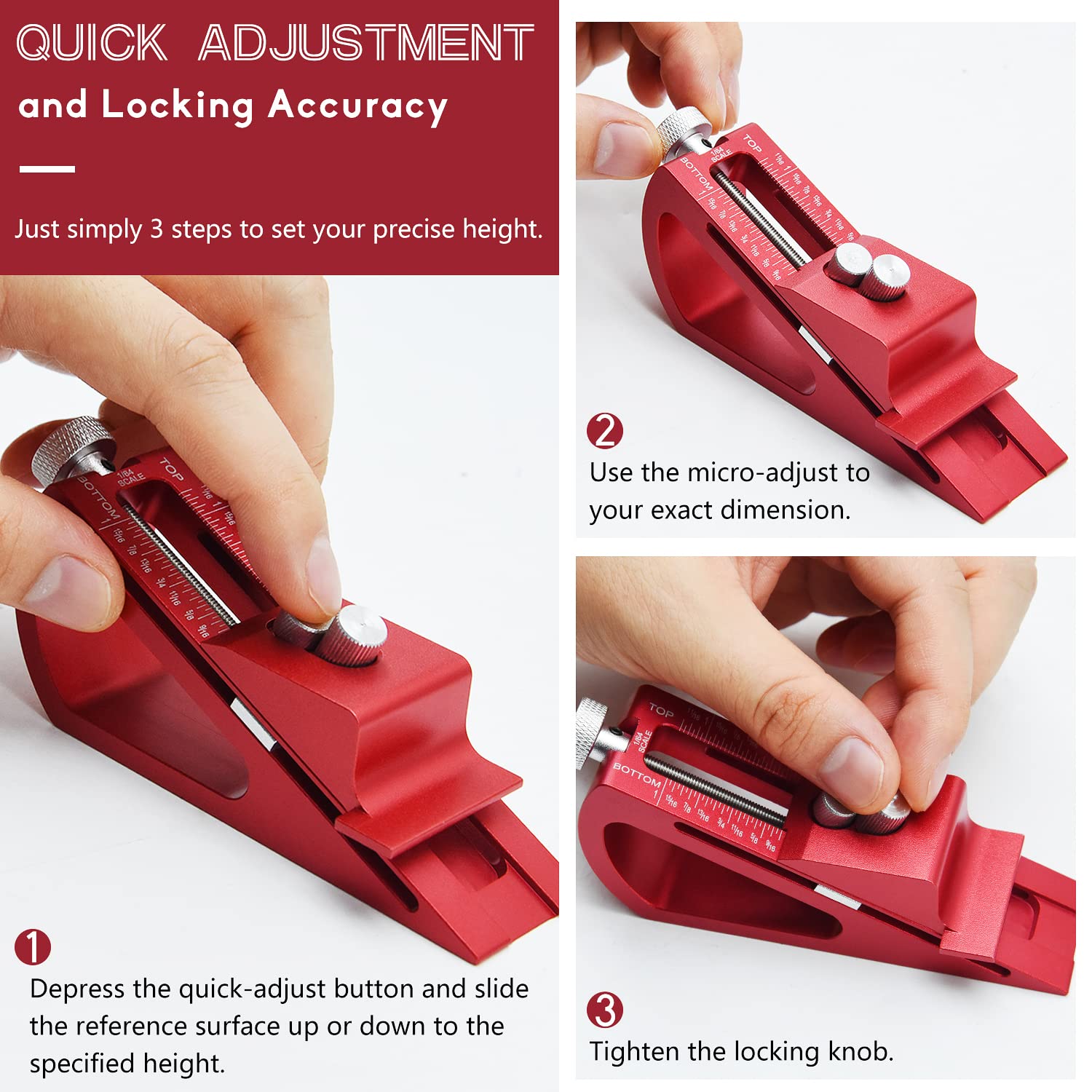 Adjustable Setup Block Height Gauge, Kingson Aluminum Precision Woodworking Tools for Router and Table Saw Accessories, 1/64" up to 1-1/16" Range, Quick-adjustment and Locked-in Precision