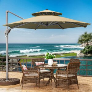 yitahome 11ft patio umbrella outdoor cantilever umbrella double top round offset umbrella w/heavy duty aluminum frame & cross base for garden pool backyard market (khaki)