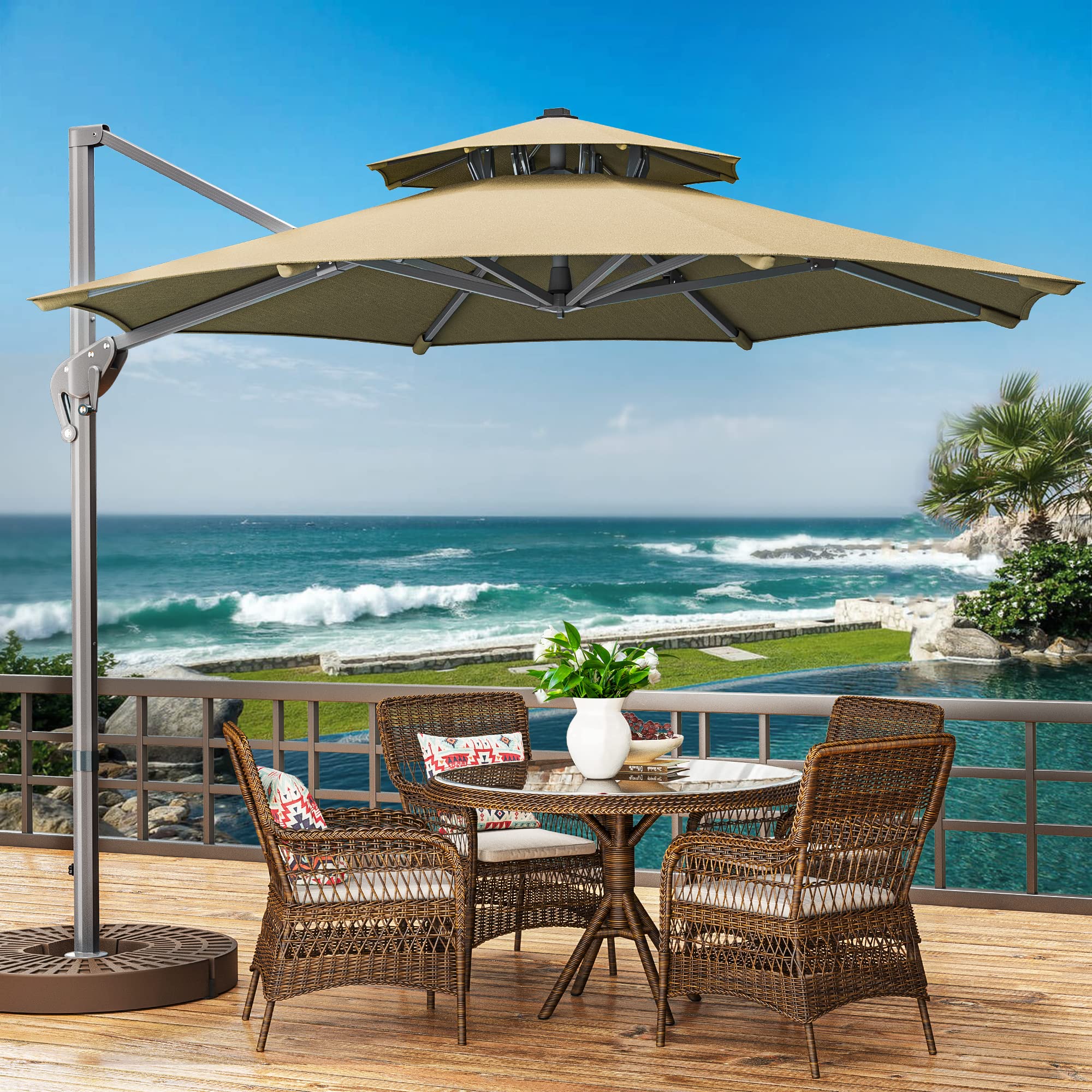 YITAHOME 11ft Patio Umbrella Outdoor Cantilever Umbrella Double Top Round Offset Umbrella w/Heavy Duty Aluminum Frame & Cross Base for Garden Pool Backyard Market (Khaki)