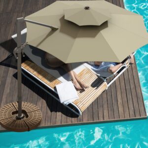 YITAHOME 11ft Patio Umbrella Outdoor Cantilever Umbrella Double Top Round Offset Umbrella w/Heavy Duty Aluminum Frame & Cross Base for Garden Pool Backyard Market (Khaki)