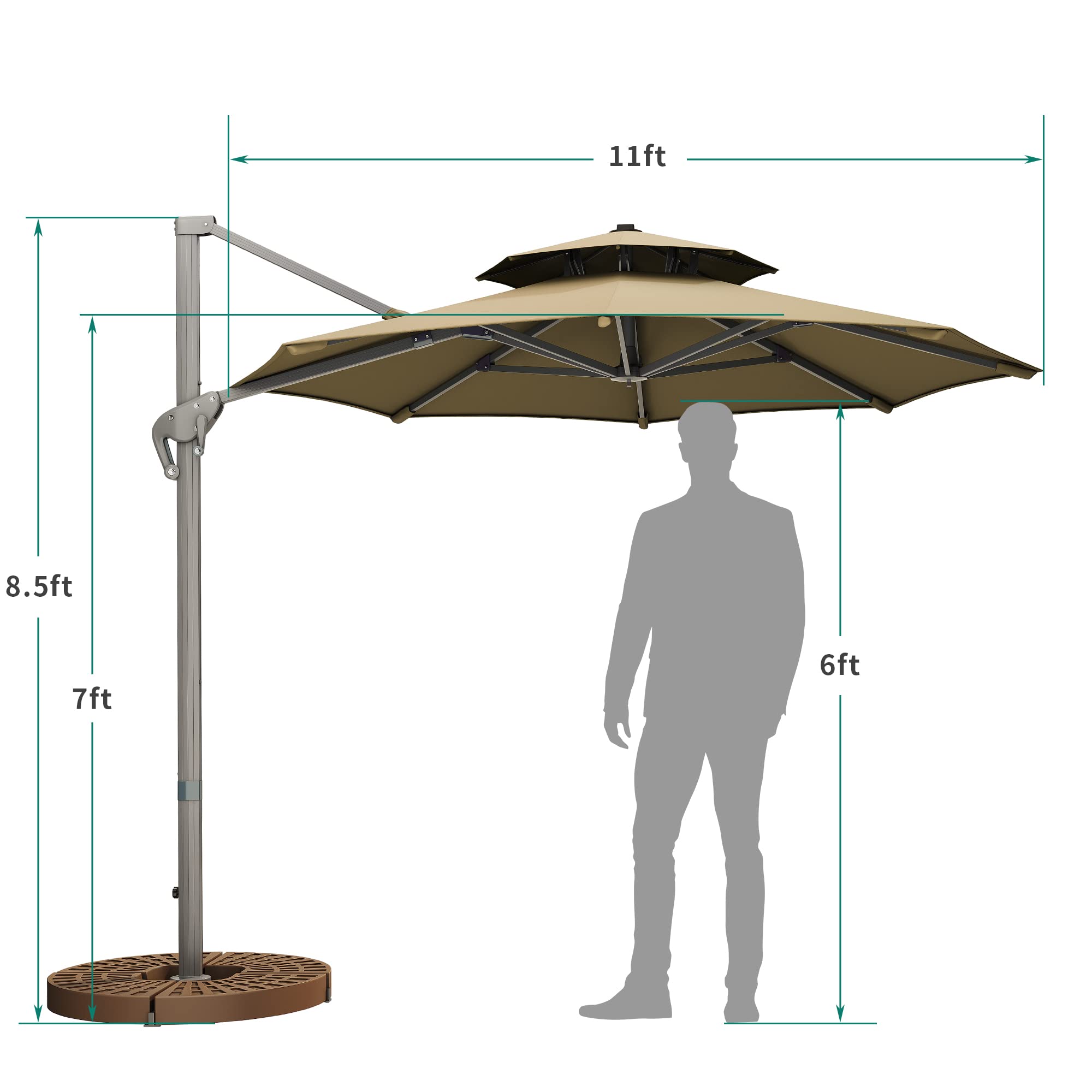 YITAHOME 11ft Patio Umbrella Outdoor Cantilever Umbrella Double Top Round Offset Umbrella w/Heavy Duty Aluminum Frame & Cross Base for Garden Pool Backyard Market (Khaki)