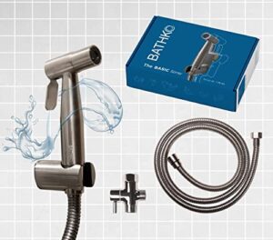 bathko handheld shattaf/bidet sprayer set for toilet - jet spray with adjustable pressure control - easy to install with leak proof technology - stainless steel satin finish toilet sprayer kit