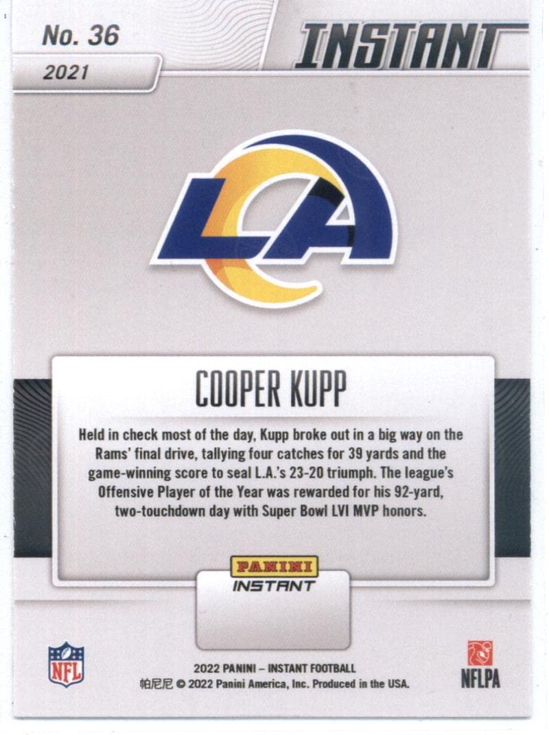 2022 Panini Instant Super Bowl LVI #36 Cooper Kupp Super Bowl MVP Los Angeles Rams NFL Football Trading Card