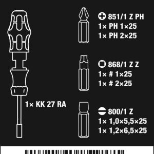 Wera 05056491001 Tool-Check Plus Imperial, 39 Pieces & 05073661002 Kraftform Kompakt 27 RA Slotted Ratcheting Screwdriver, 1/4" Head, MULTI