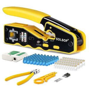 solsop network cable tester rj45 crimp tool pass through cat5 cat5e cat6 crimping tool kit, 50pcs pass through connectors, mini wire stripper, wire cutter plier