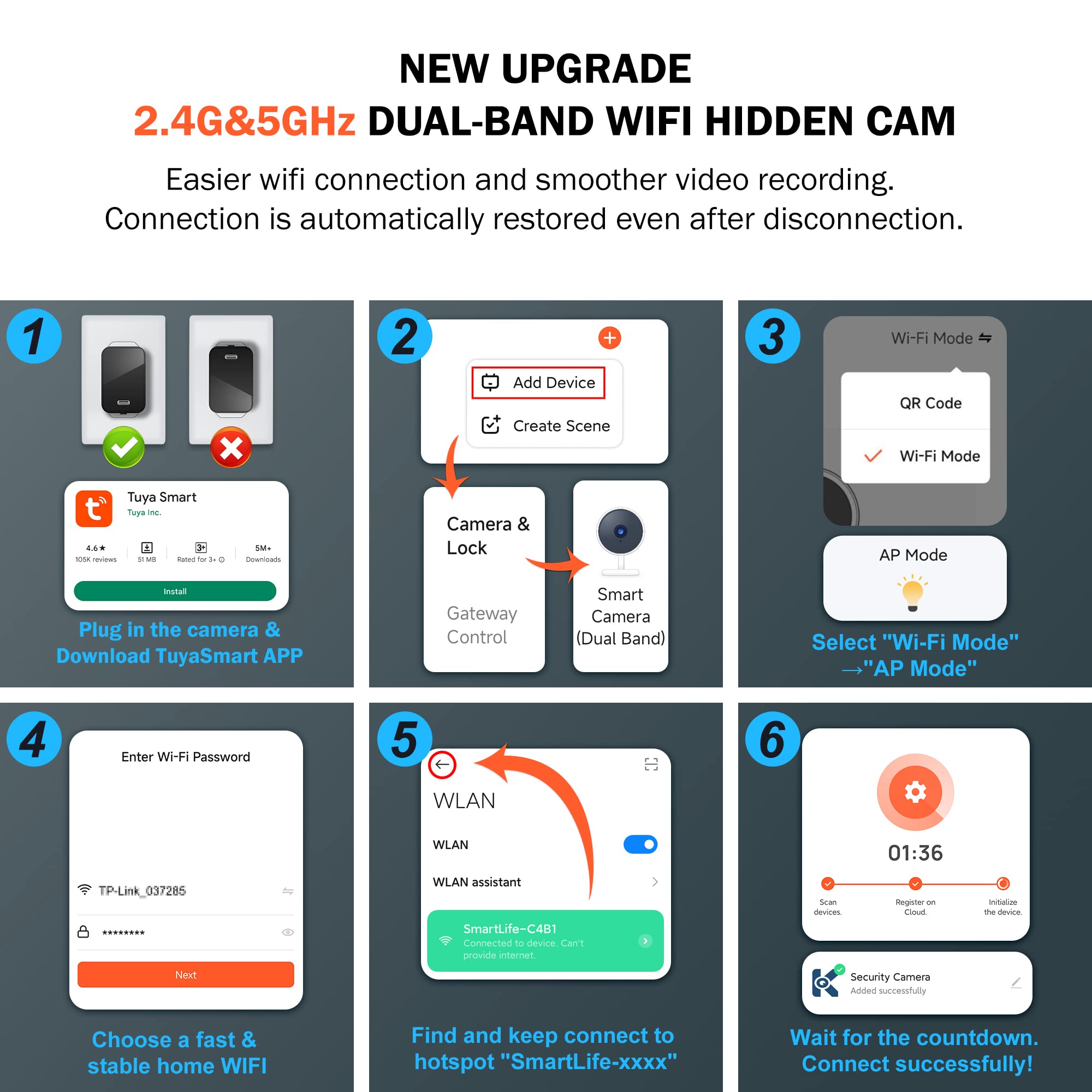 KINGDANS 【Upgrade 4K Full Hidden Camera Supports 2.4G&5GHz WiFi, Spy Camera Charger with Human Detection, 160° Wide View-Angle, Night Vision Nanny Cam for Home Security, TuyaSmart APP, Portable