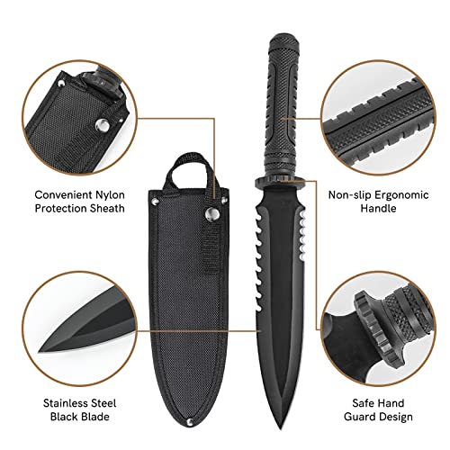 Dispatch Tactical Bowie Survival Hunting Rambo Bushcraft Knife with Protective Sheath Military Combat Fixed Blade, with Non-Slip Handle, for Camping, Hunting, and Adventure, 15" Closed