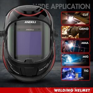 ANDELI Welding Helmet,3.94"X3.74" Large View Welding Helmet Auto Darkening True Color,Solar/Battery Power Welding Hood with 4 Arc Sensor,Cool Welding Mask DIN5-8/DIN9-13 for TIG MIG ARC (Red Cat)