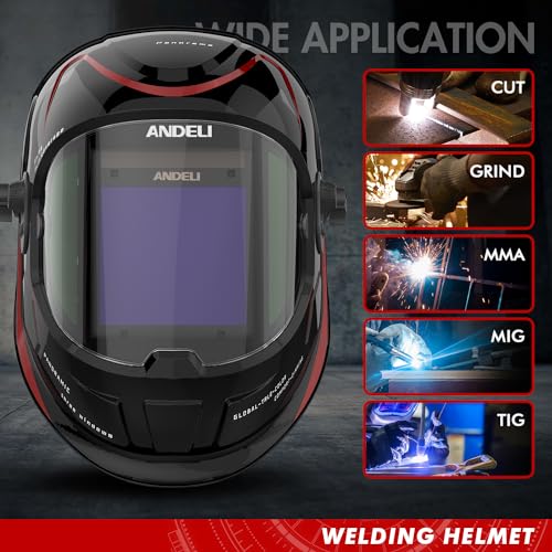 ANDELI Welding Helmet,3.94"X3.74" Large View Welding Helmet Auto Darkening True Color,Solar/Battery Power Welding Hood with 4 Arc Sensor,Cool Welding Mask DIN5-8/DIN9-13 for TIG MIG ARC (Red Cat)