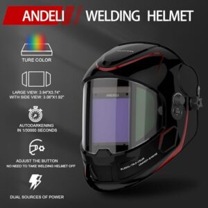 ANDELI Welding Helmet,3.94"X3.74" Large View Welding Helmet Auto Darkening True Color,Solar/Battery Power Welding Hood with 4 Arc Sensor,Cool Welding Mask DIN5-8/DIN9-13 for TIG MIG ARC (Red Cat)