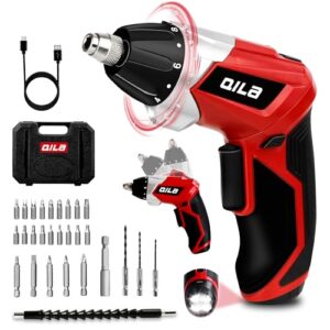 qila cordless screwdriver, screw gun 4v electric screwdriver set with bright led light & flashlight, 28 accessory kit & chrger in carrying case, 4n.m screw gun, 10+1 torque setting, 2 position handle