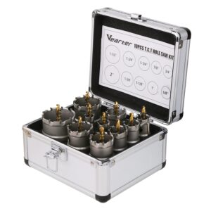 vearter 10pcs tct hole saw kit, 5/8''-2'' carbide bits set with pilot drill, for hard metal, stainless steel, iron, aluminium, alloys, plastics