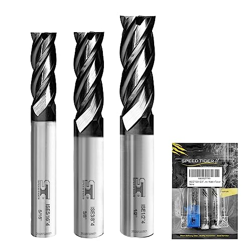 SPEED TIGER Carbide Square End Mill - ISE 4T (3 Piece Set: 5/16”, 3/8”, 1/2”) - for Drilling Alloy or Hardened Steel, Metal & More - 4 Flute – Mill Bits Sets for DIYers & Professionals