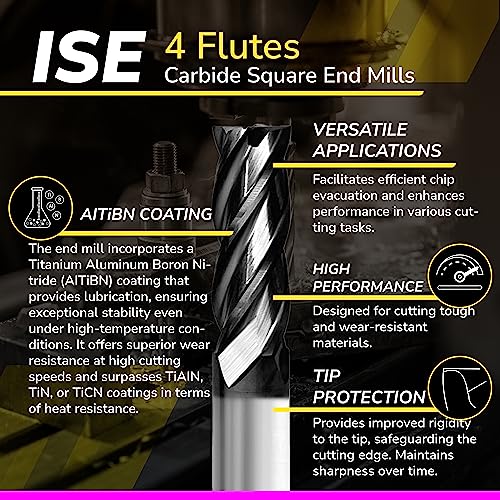 SPEED TIGER Carbide Square End Mill - ISE 4T (3 Piece Set: 5/16”, 3/8”, 1/2”) - for Drilling Alloy or Hardened Steel, Metal & More - 4 Flute – Mill Bits Sets for DIYers & Professionals