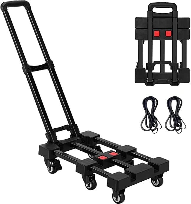 Foldable Dolly for Moving, Heavy Hand Truck Adjustable Handle, 440LB Luggage Cart Dolly with 6 Wheels & 2 Bungee Cords for Moving Heavy Furniture