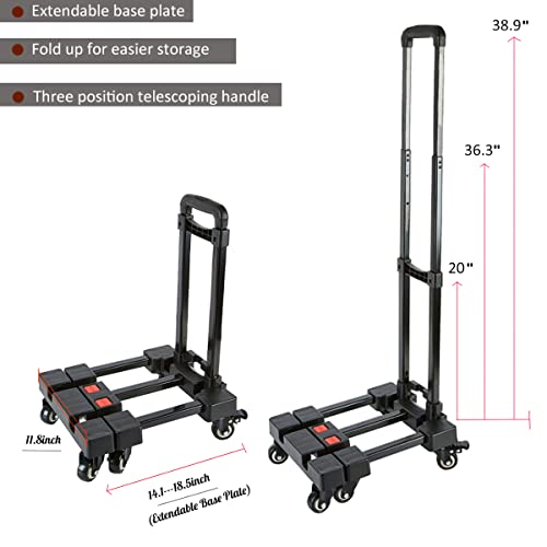 Foldable Dolly for Moving, Heavy Hand Truck Adjustable Handle, 440LB Luggage Cart Dolly with 6 Wheels & 2 Bungee Cords for Moving Heavy Furniture