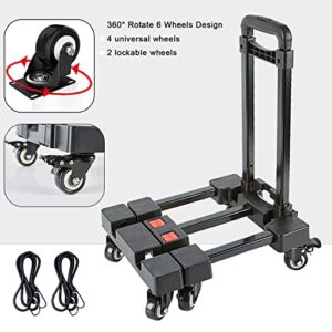 Foldable Dolly for Moving, Heavy Hand Truck Adjustable Handle, 440LB Luggage Cart Dolly with 6 Wheels & 2 Bungee Cords for Moving Heavy Furniture