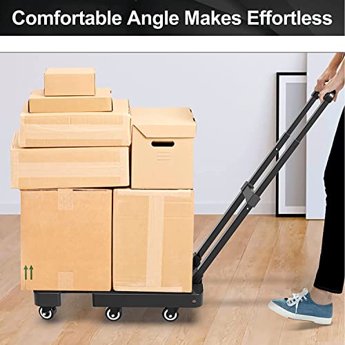 Foldable Dolly for Moving, Heavy Hand Truck Adjustable Handle, 440LB Luggage Cart Dolly with 6 Wheels & 2 Bungee Cords for Moving Heavy Furniture