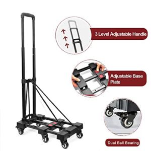 Foldable Dolly for Moving, Heavy Hand Truck Adjustable Handle, 440LB Luggage Cart Dolly with 6 Wheels & 2 Bungee Cords for Moving Heavy Furniture